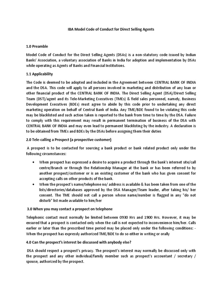 IBA Code of Conduct for DSAs | PDF | Banks
