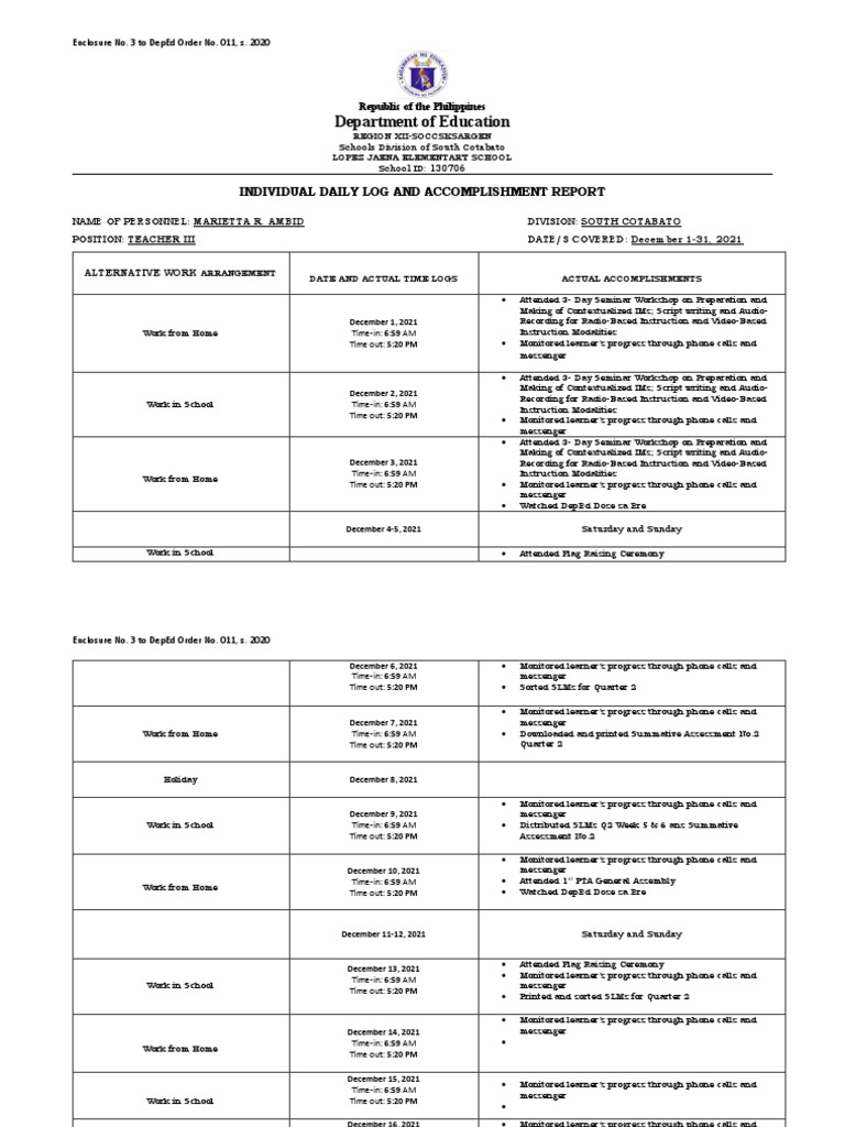 Accomplishment Report DTR December 1 30 2021 | PDF | Communication | Education Theory