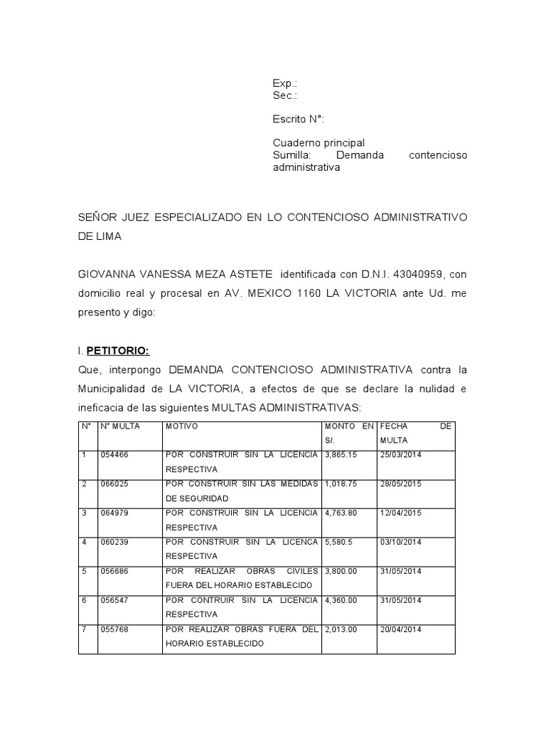 Nulidad de Multas Administrativas en La Victoria | PDF | Multa (pena) | Demanda judicial