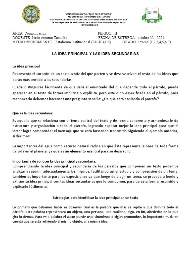 Guía No. 1 La Idea Principal e Ideas Secundarias | PDF | Pensamiento ...