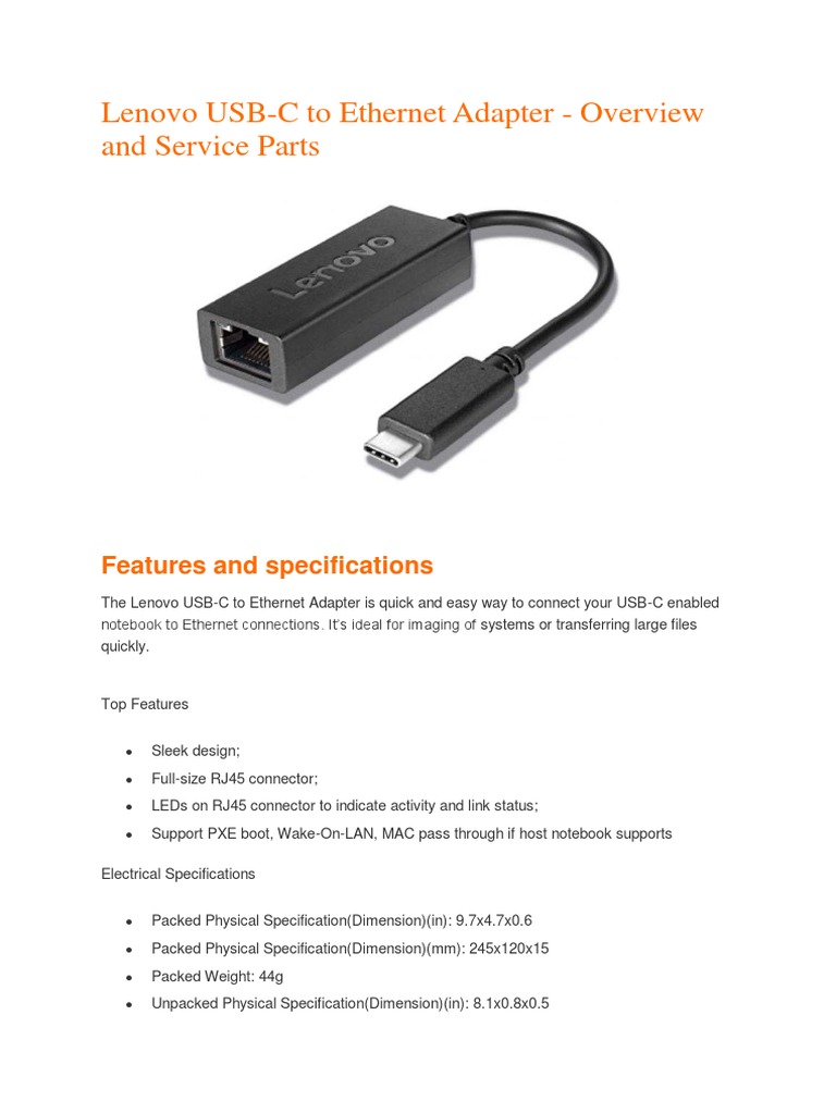 Lenovo Ethernet Adapter To Connect Laptop To LAN | PDF | Usb | Laptop