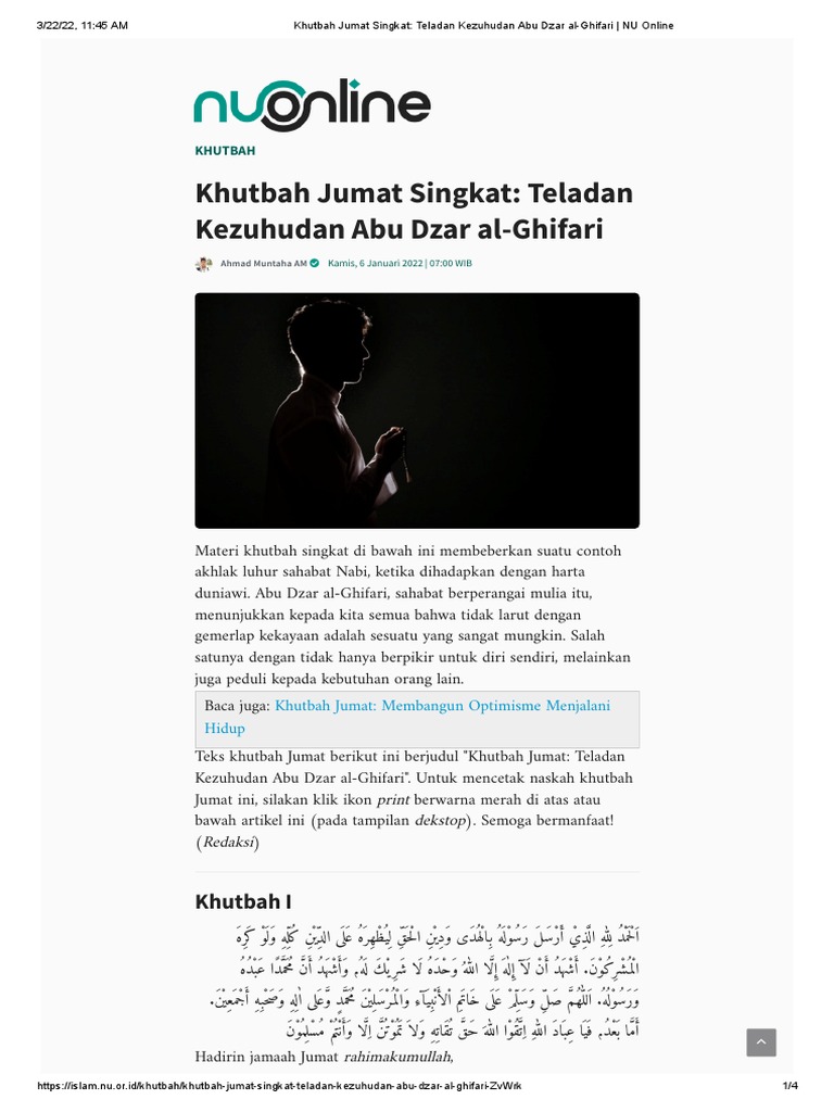 Khutbah Jumat Singkat - Teladan Kezuhudan Abu Dzar Al-Ghifari - NU Online | PDF