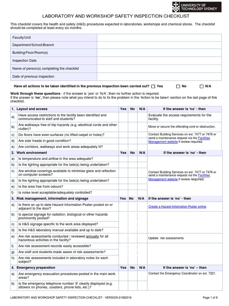 Laboratory Workshop Safety Inspection Checklist Template | PDF | Dangerous Goods | Laboratories