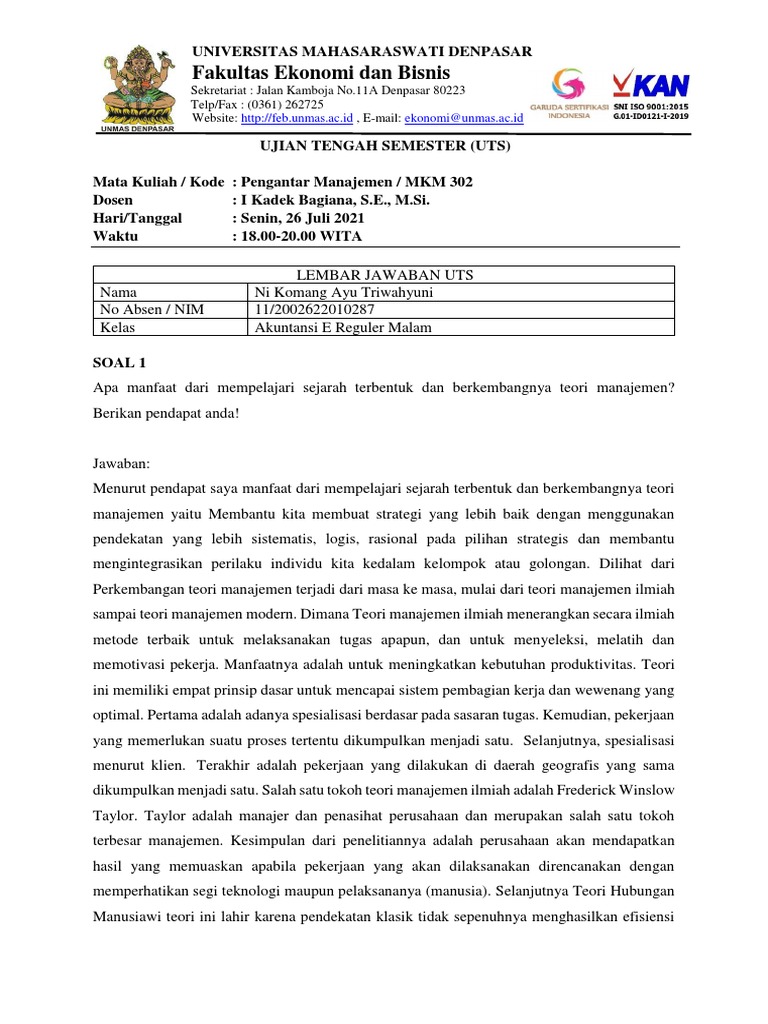 Pengantar Manajemen - Uts | PDF | Bisnis