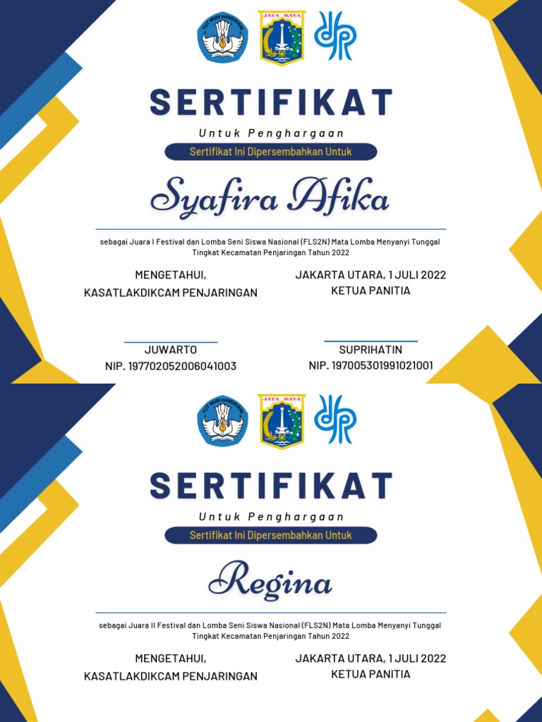 Sertifikat Piagam Penghargaan FL2SN & O2SN Penjaringan 2022 | PDF