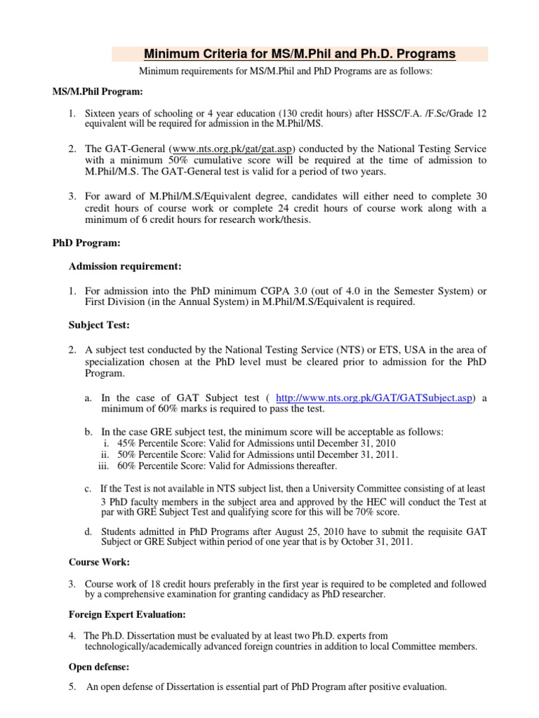 Minimum Criteria For MPhil (Final) | PDF | Doctor Of Philosophy | Thesis