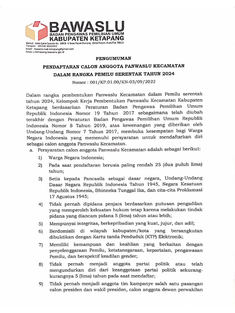 Pengumuman Pendaftan Panwascam 2024 & Lampiran Berkas Pendaftaran | PDF