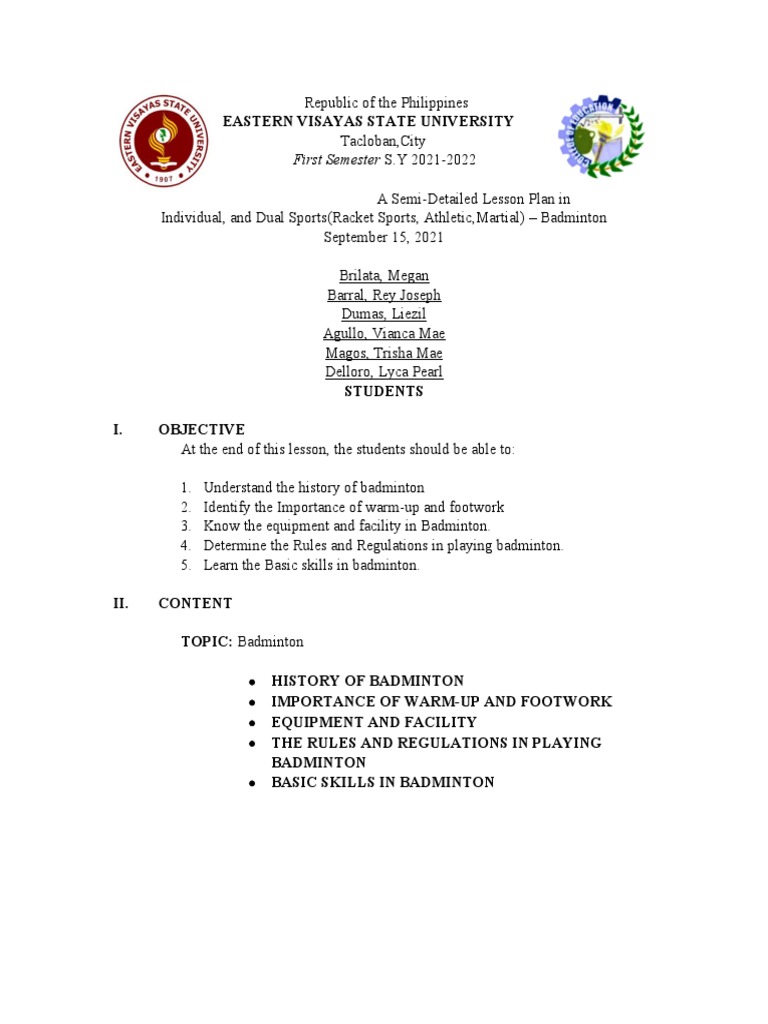 Badminton Lesson Plan Overview | PDF | Rubric (Academic) | Pedagogy