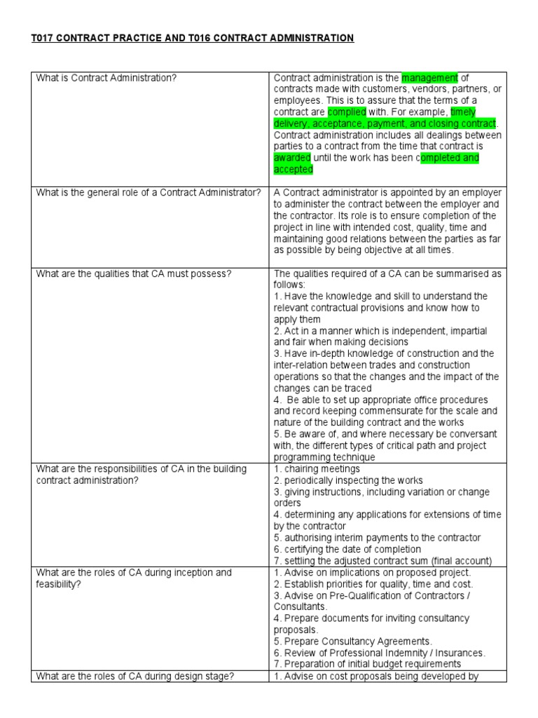 T017 Contract Practice and T016 Contract Administration | PDF ...