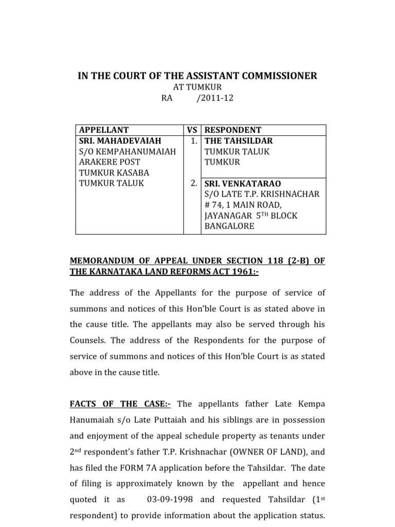 Appeal Case Draft Under Karnataka Land Reforms Act Section 118 Pdf