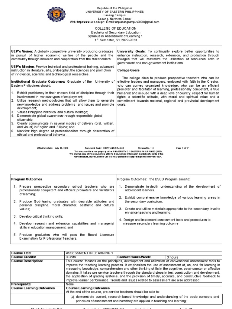 BSED Syllabus Assessment in Learning1 | PDF | Educational Assessment ...