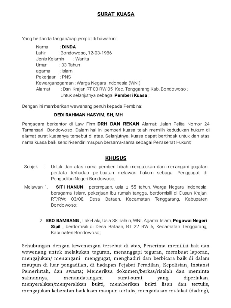 Contoh Surat Kuasa Perdata Khusus Sebagai Penggugat - Pengacara ... Contoh Surat Kuasa Perdata Khusus Sebagai Penggugat - Pengacara ...