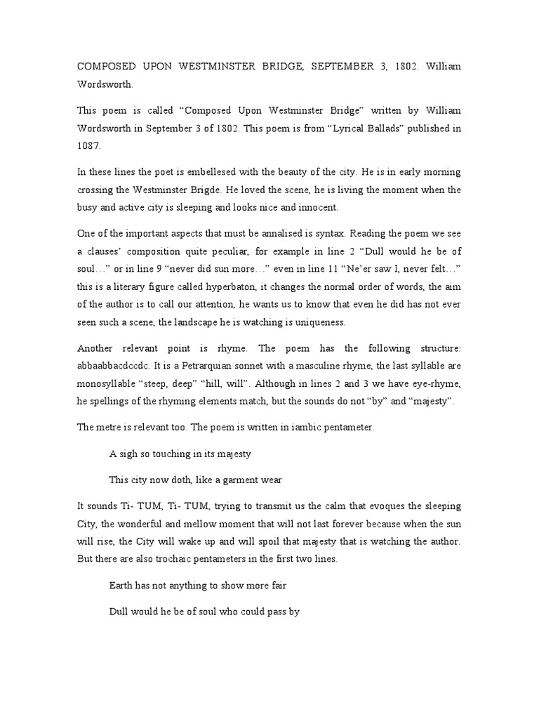 Wordsworth's Westminster Bridge Poem Analysis | PDF | Poetry | Rhyme