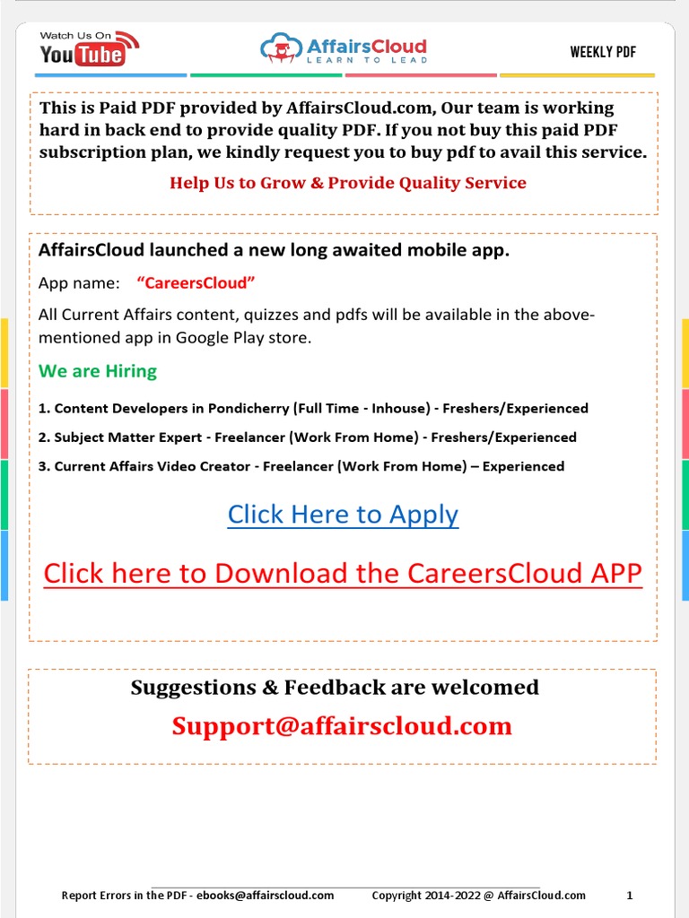 Current Affairs Weekly Content PDF August 2022 1st Week by AffairsCloud | PDF | Hiv/Aids ...