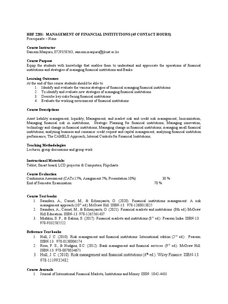 Financial Institutions Management Course | PDF | Risk | Banks