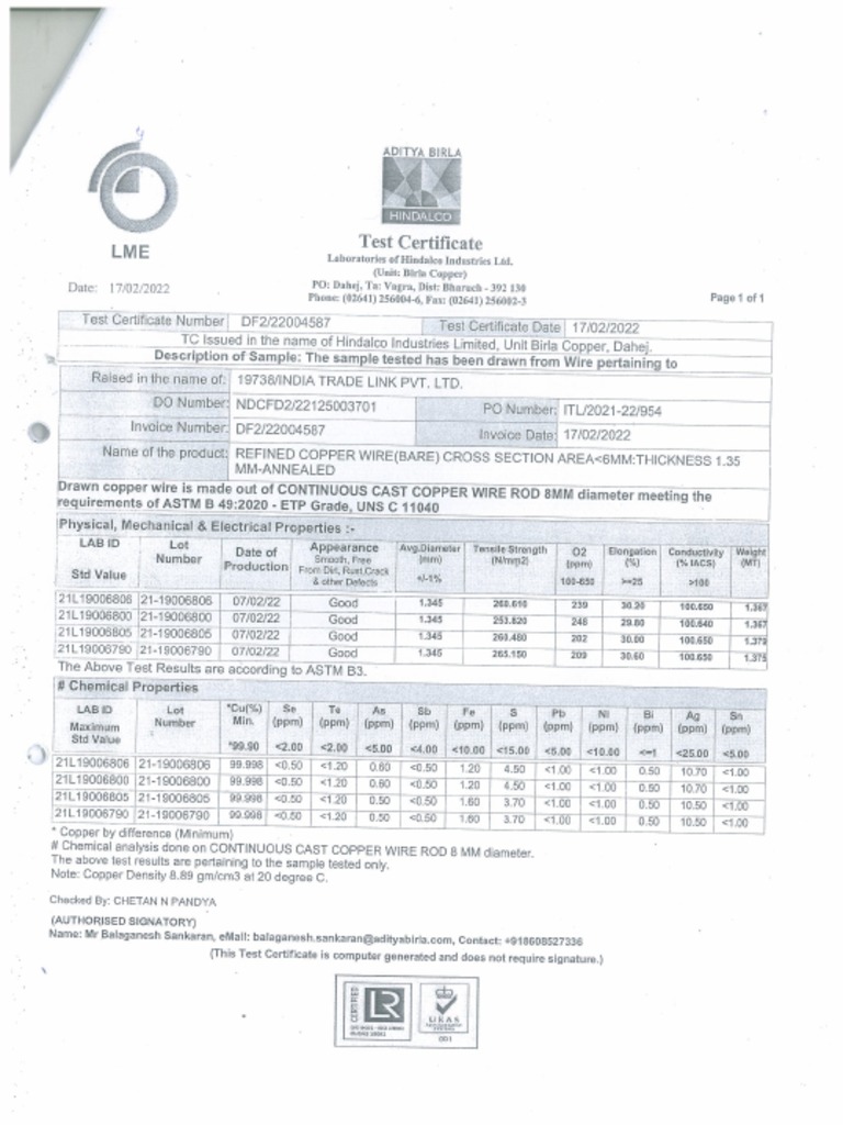 Copper Rod Test Report | PDF