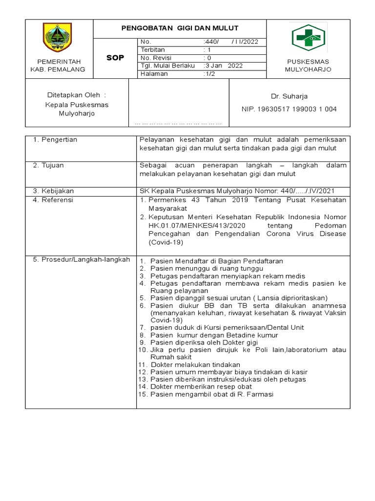 SOP Pelayanan Gigi Dan Mulut | PDF