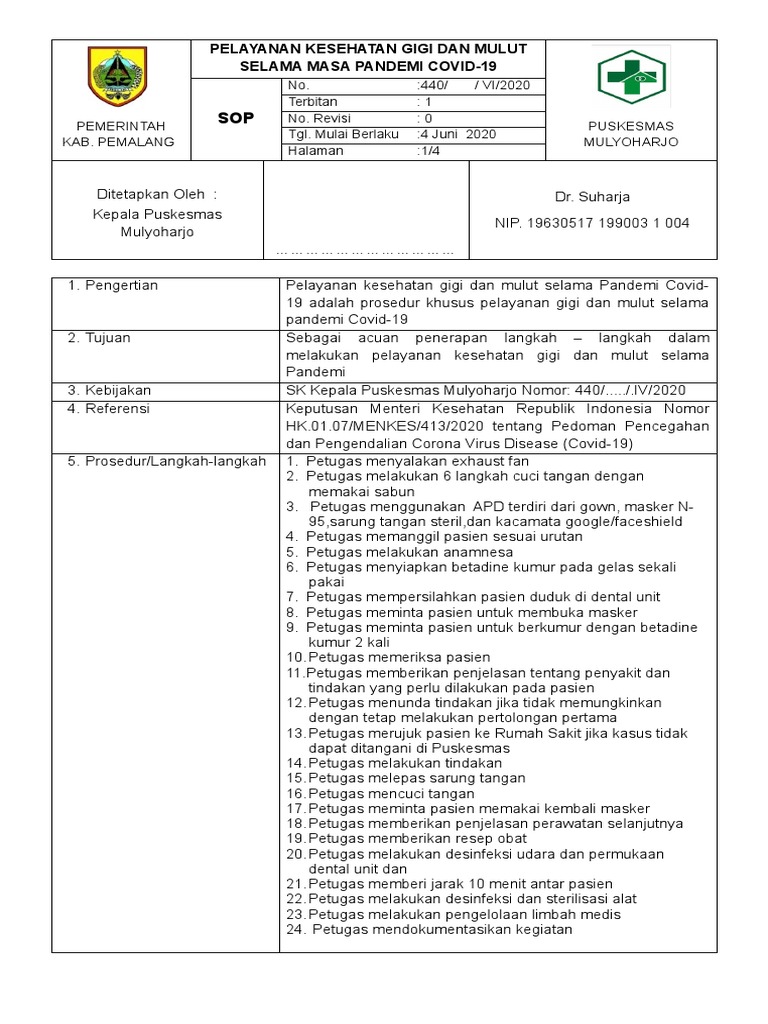 SOP Pelayanan Gigi Selama Masa Pandemi Covid | PDF