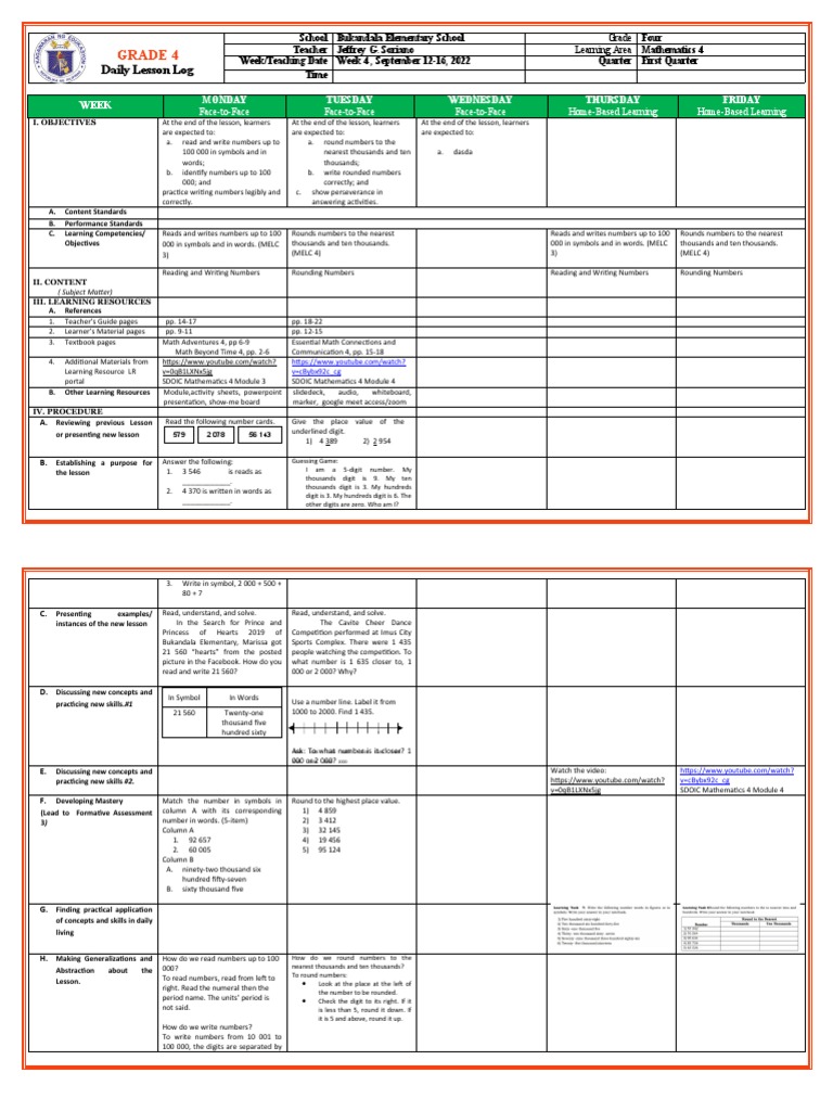 DLL - MATH 4 - Q1 - W4 Ok | PDF | Mathematics | Learning