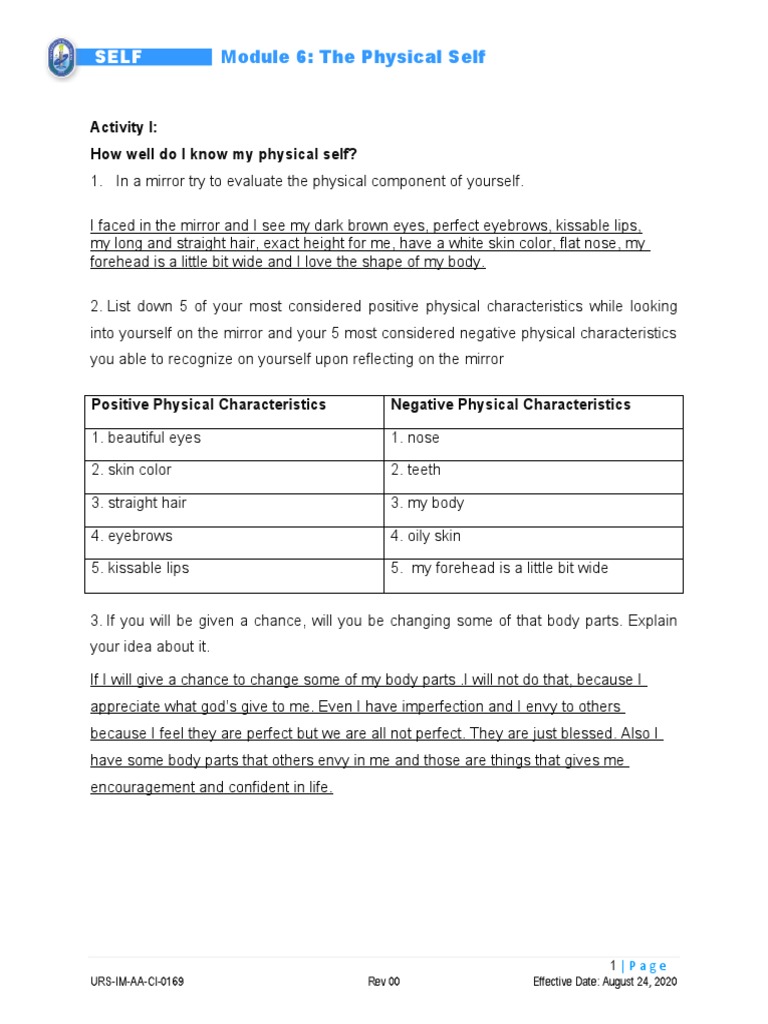 Understanding the Physical Self: An Analysis of a Self-Reflection Activity on Positive and ...