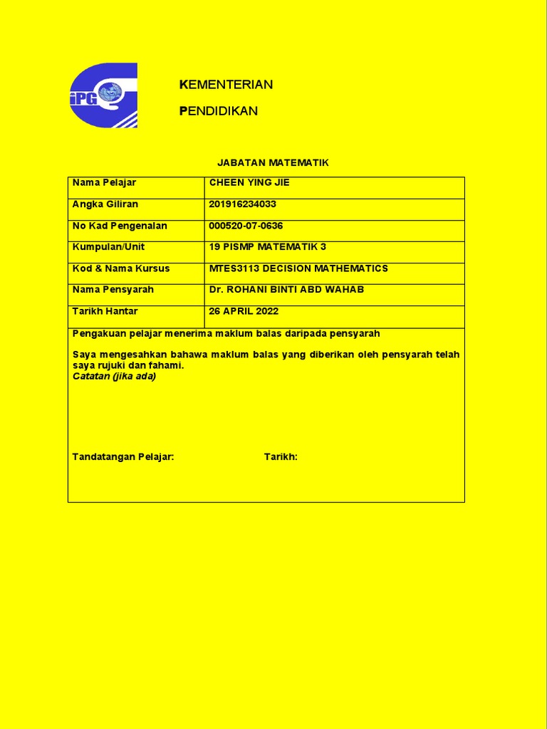 IPG Kampus Pendidikan Teknik Coursework Assessment | PDF | Linear ...
