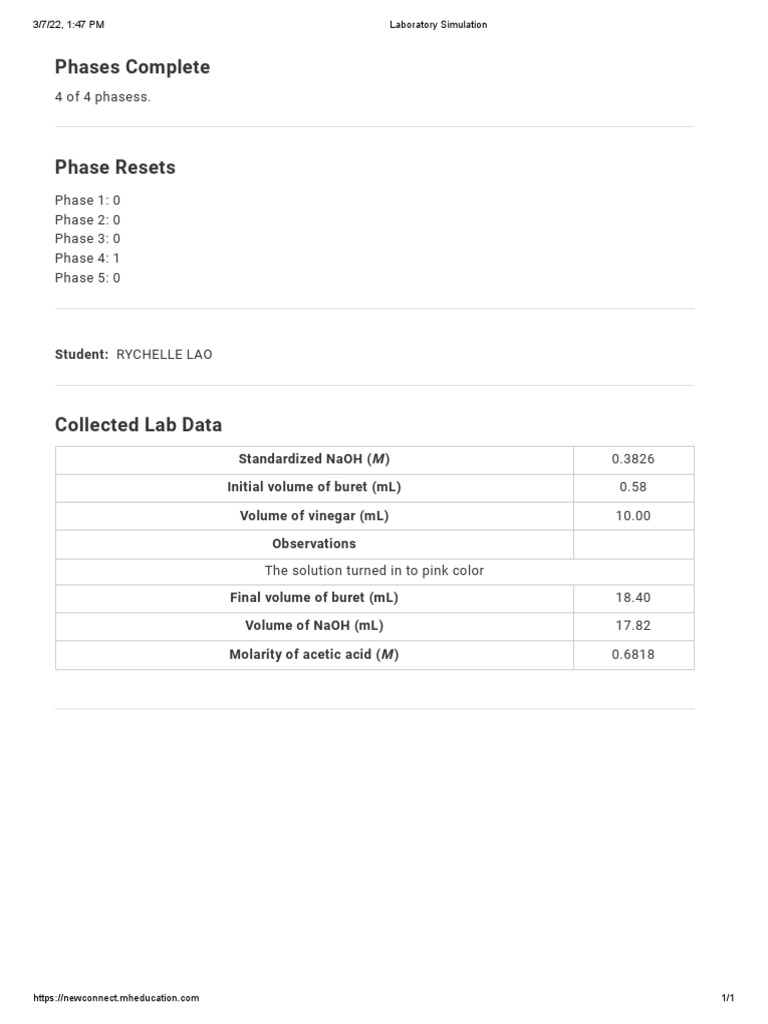 Experiment No 1 1a Titration Concentration Of Vinegar Pdf