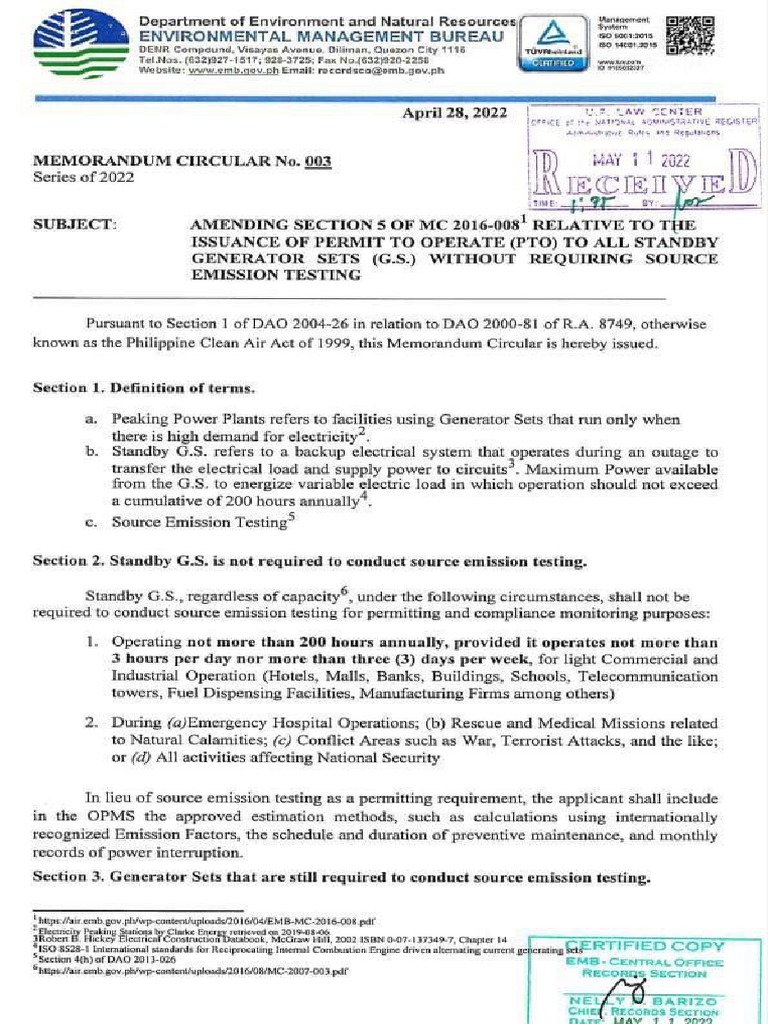 EMB MC-2022-003 PTO For Standby GenSet Without SET | PDF