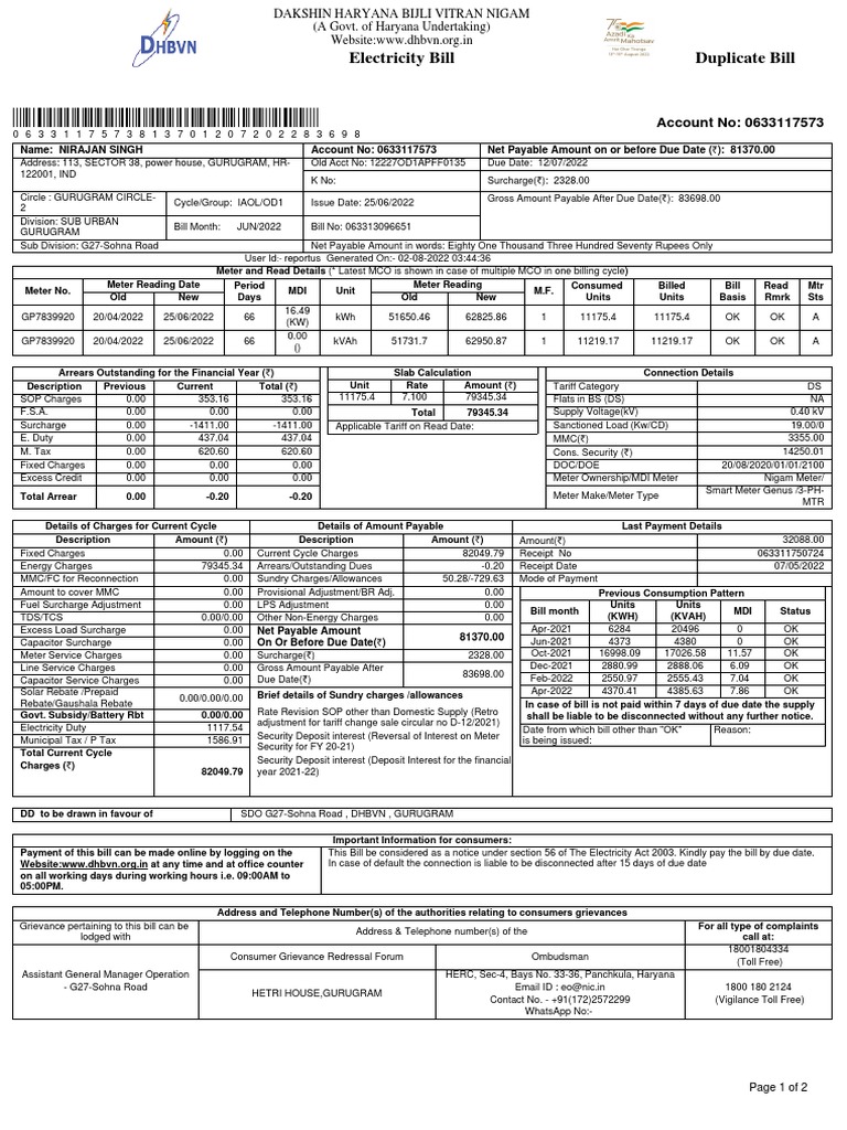 Electricity Bill House No 113 Sector 38 | PDF | Taxes | Rebate (Marketing)