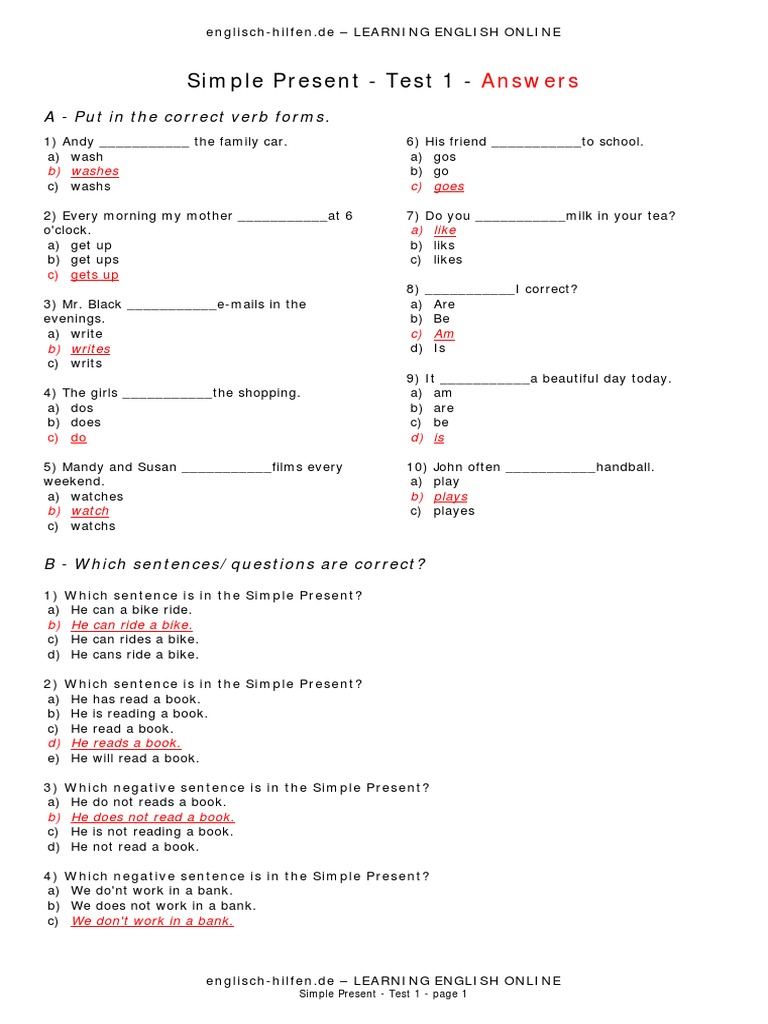 Test Simple Present en Answers | PDF | English Language | Grammar