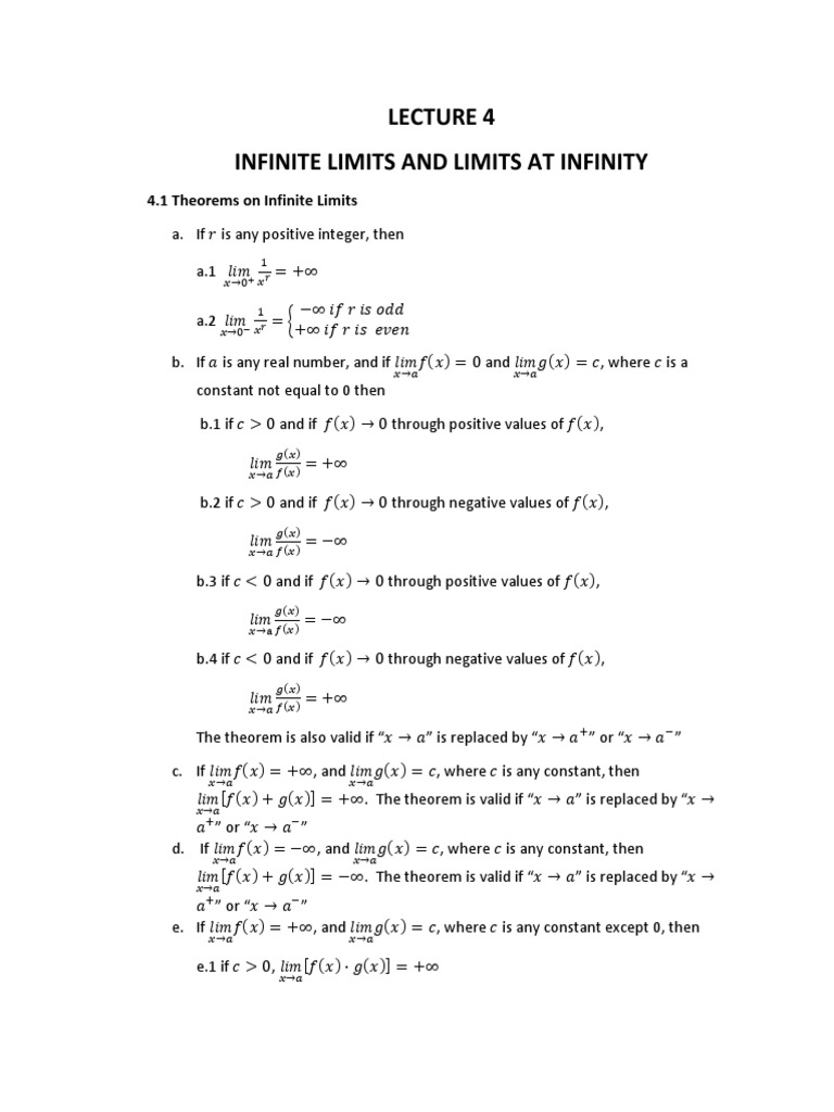 Lecture 4 Limits At Infinity And Infinite Limits Pdf Infinity Numbers