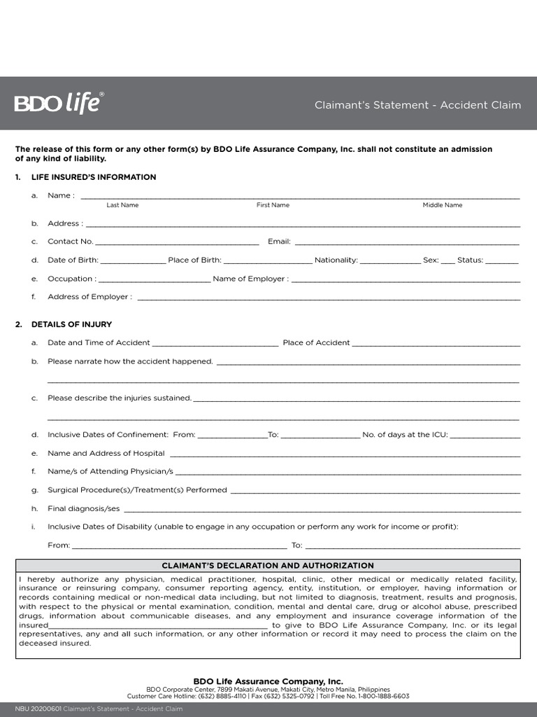 Claimant's Statement-Accident Claim Fillable | PDF | Life Insurance ...