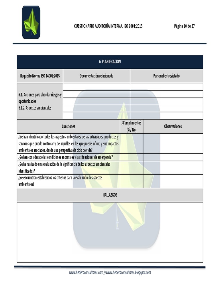 Check List Auditoría ISO 14001 2015 3 | PDF | Planificación | Auditoría Check List Auditoría ISO 14001 2015 3 | PDF | Planificación | Auditoría