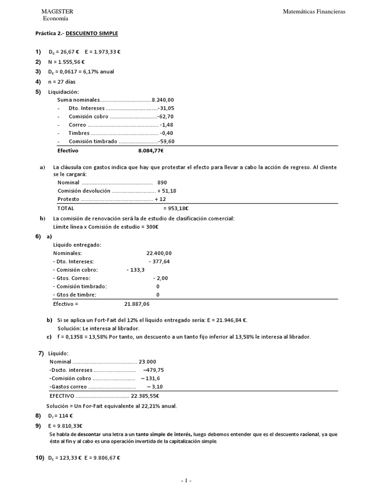 Práctica 2. - Descuento Simple SOLUCIONES | PDF | Dinero
