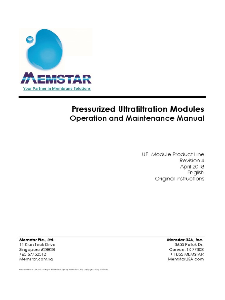 2018 MEMSTAR Pressurized UF O&M Manual - Rev401 | PDF | Filtration ...