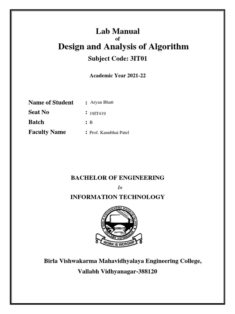 Algorithm Design & Analysis Lab Manual | PDF | Software Engineering ...