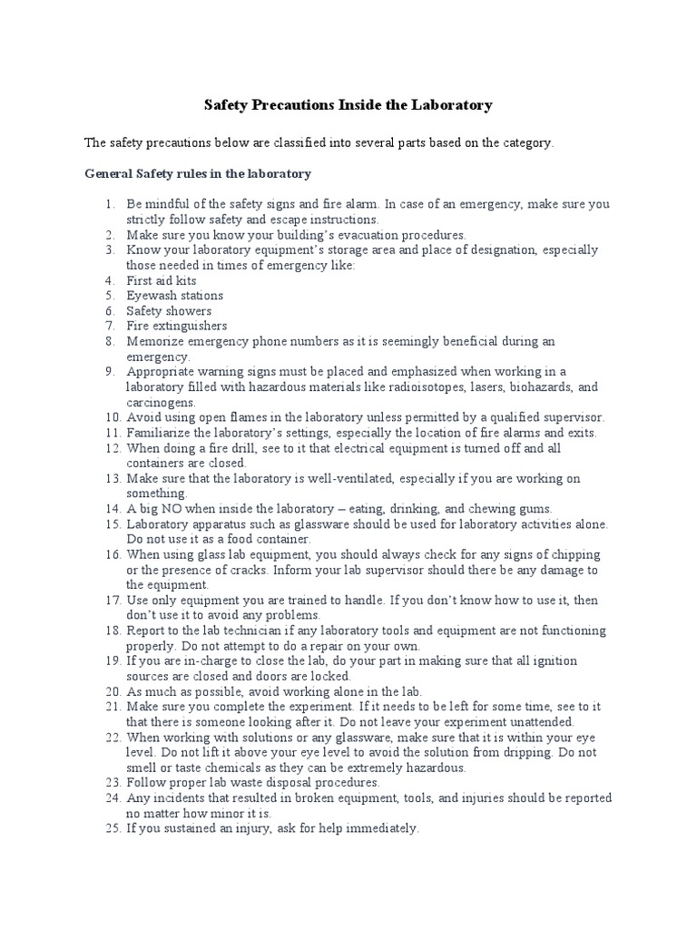 Safety Precautions Inside The Laboratory | PDF | Laboratories ...