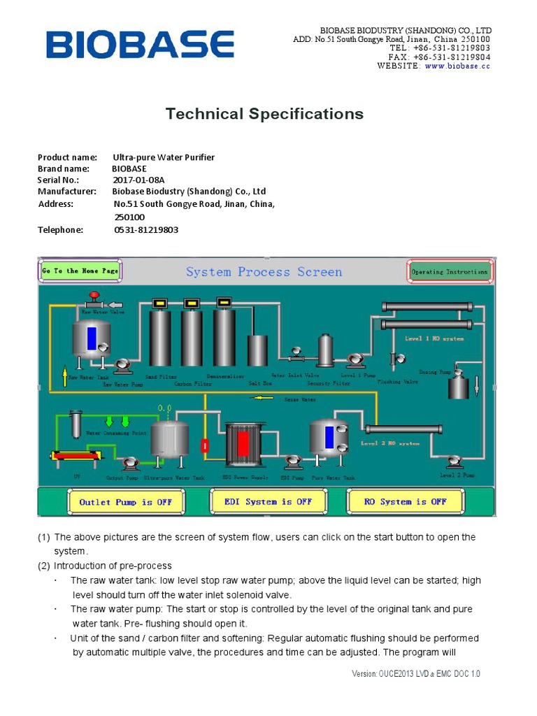 Ultra-Pure Water Purifier Specs | PDF | Pump | Water