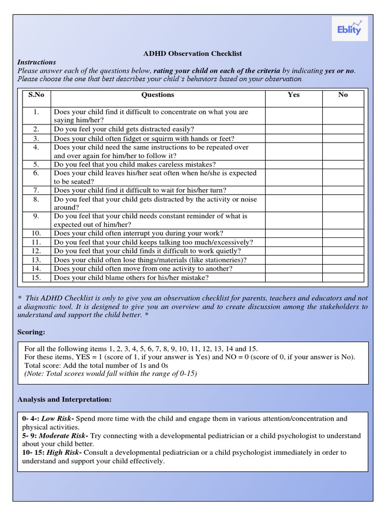 ADHD Observation Checklist for Parents | PDF | Attention Deficit ...
