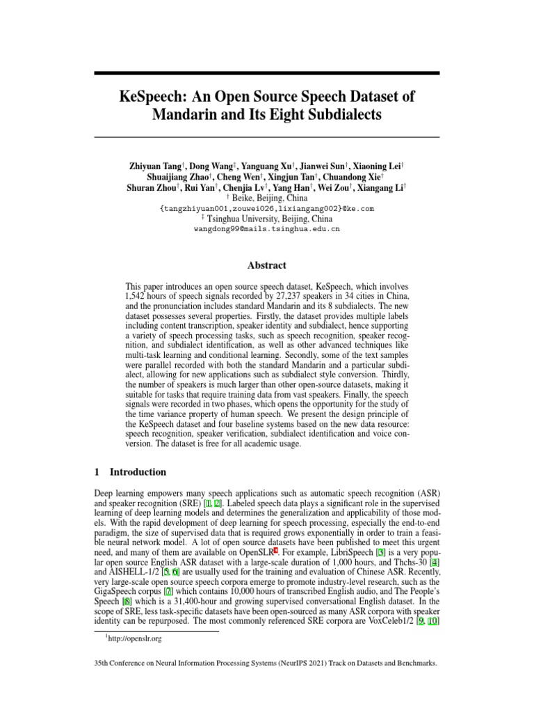 KeSpeech: Open Source Mandarin Dataset | PDF | Mandarin Chinese | Speech Recognition