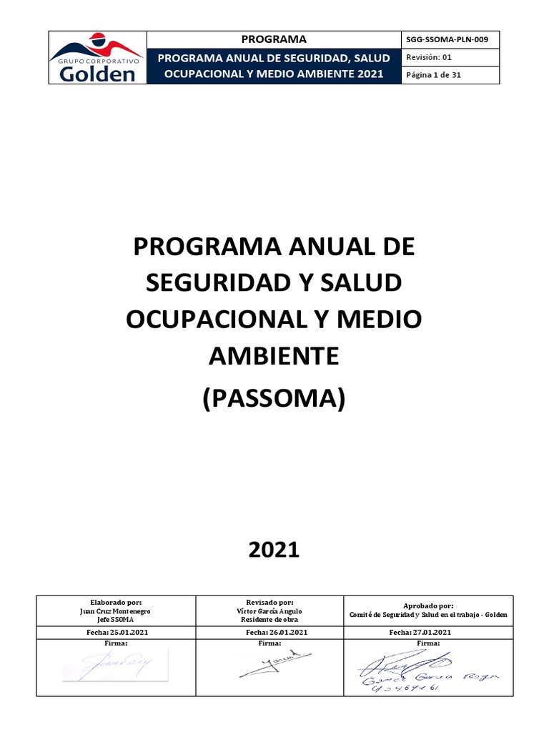 Plan Anual de Seguridad y Salud Ocupacional y Medio Ambiente 2021 Golden | PDF | Seguridad y ...