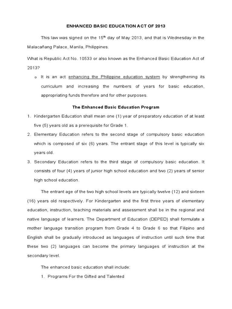 Enhanced Basic Education Act Overview | PDF | Teachers | Curriculum