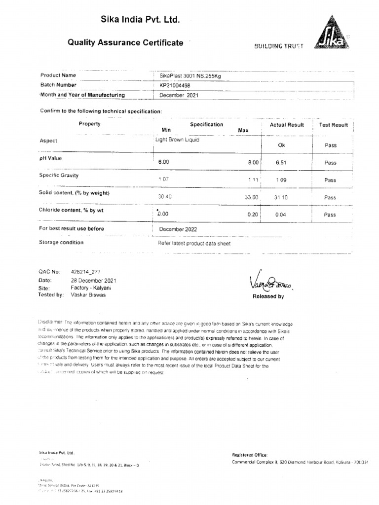 Admixture Test Certificate Batch-468 | PDF
