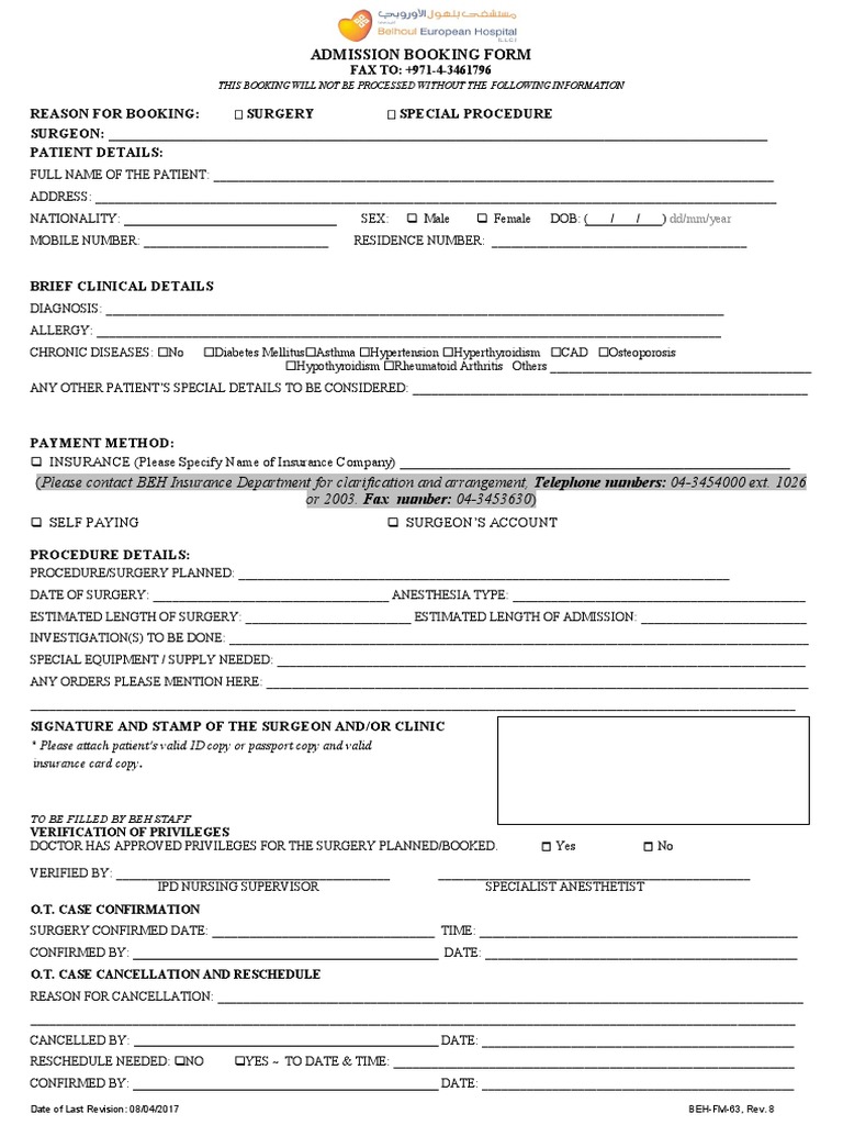 Admission Booking Form, Rev. 8 | PDF | Surgery | Patient