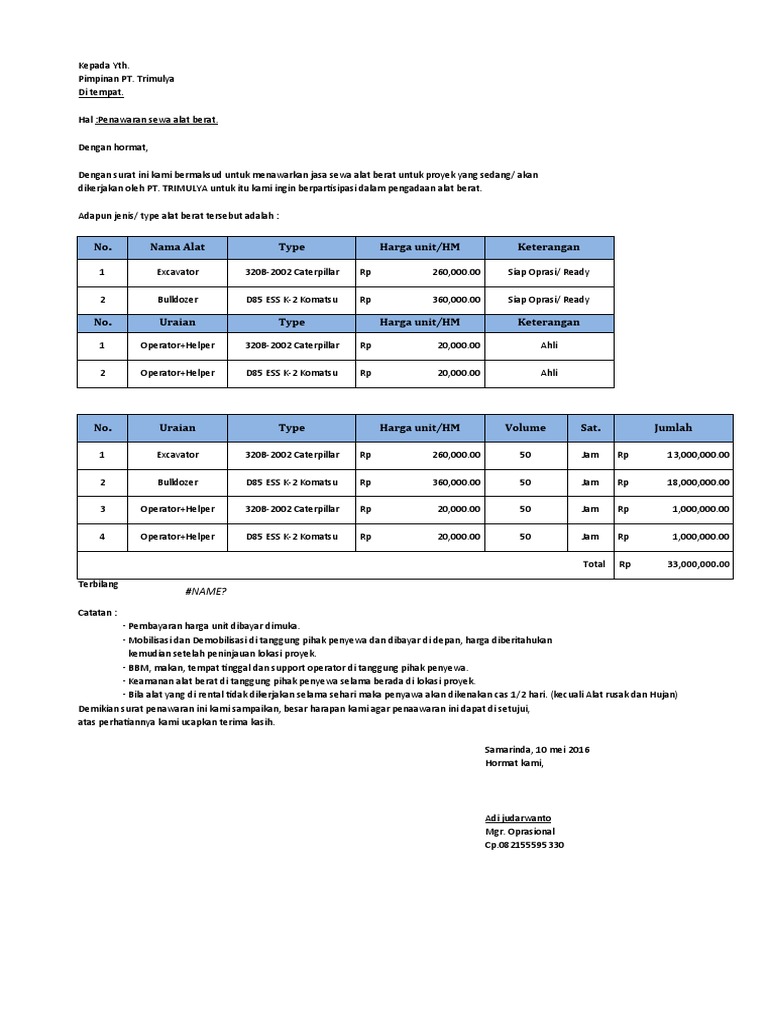 Penawaran Sewa Alat Berat | PDF