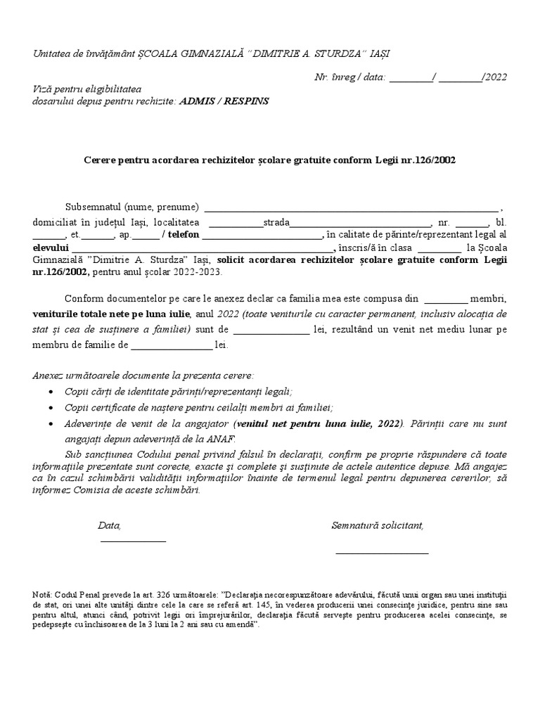 Cerere pentru acordarea rechizitelor scolare 2022-2023 | PDF