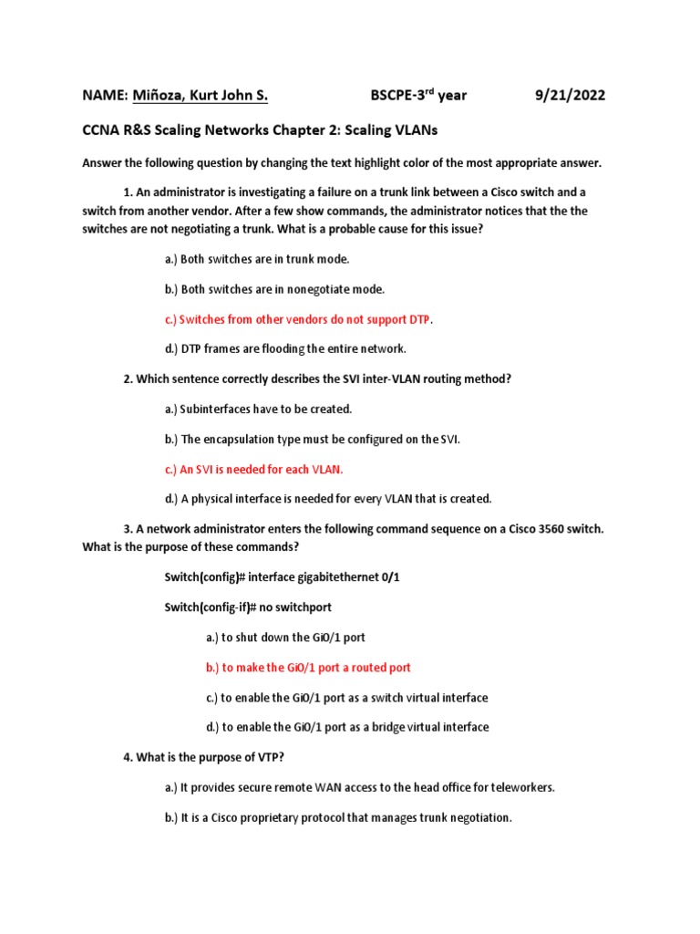 Scaling VLANs: Document containing answers to multiple choice questions about VLAN scaling ...