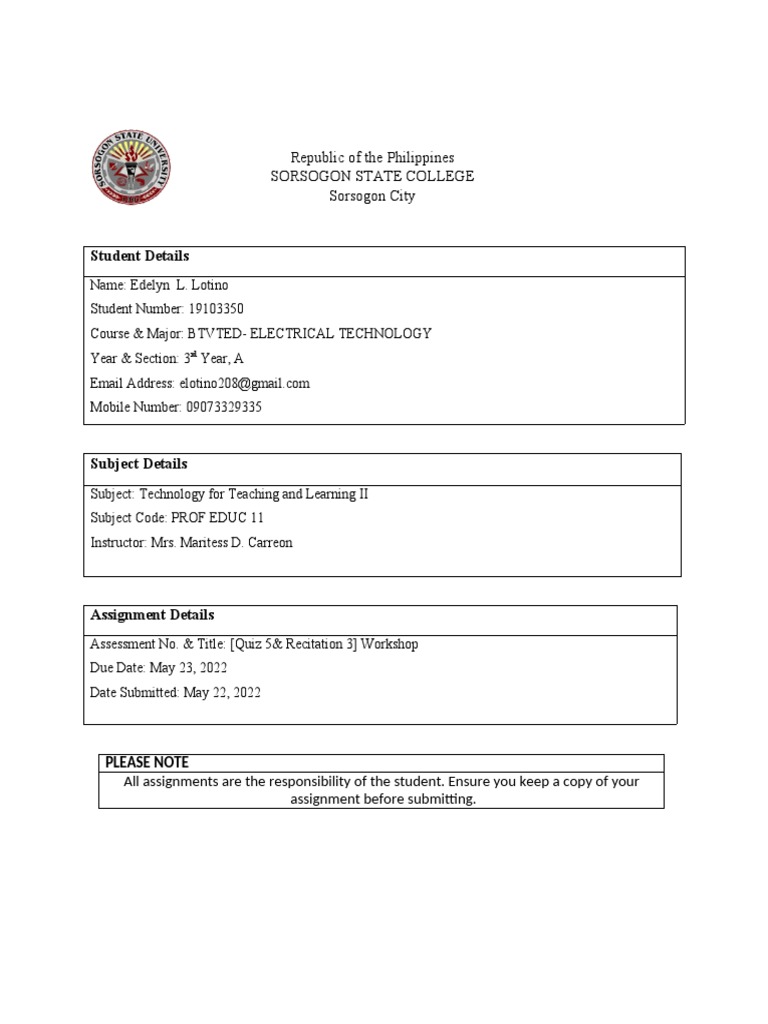 Galos Christian P BTVTED ELECTRICAL TECHNOLOGY 3A Quiz 5 Recitation 3 ...