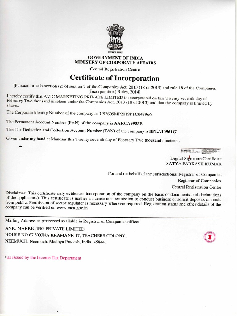 Avic-Incorporation Certificate | PDF