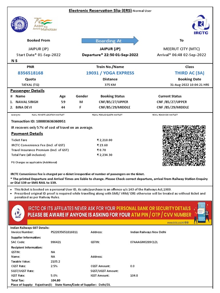 Electronic Reservation Slip for Train Travel Between Jaipur and Meerut ...