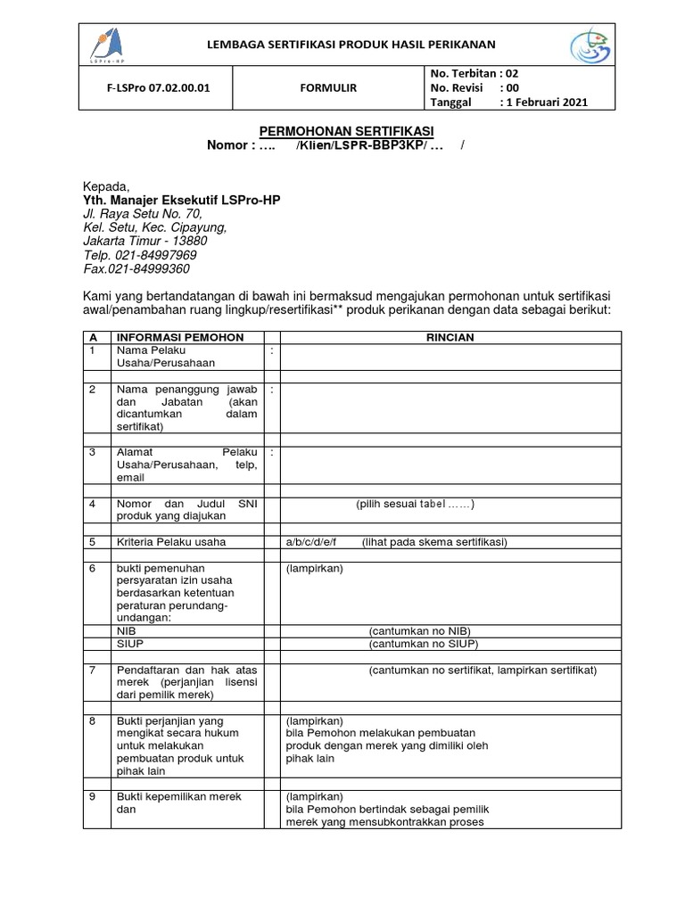 F-LSPro 07.02.00.01 Ed2 Rev0 Permohonan Sertifikasi SNI Sukarela 2021 | PDF